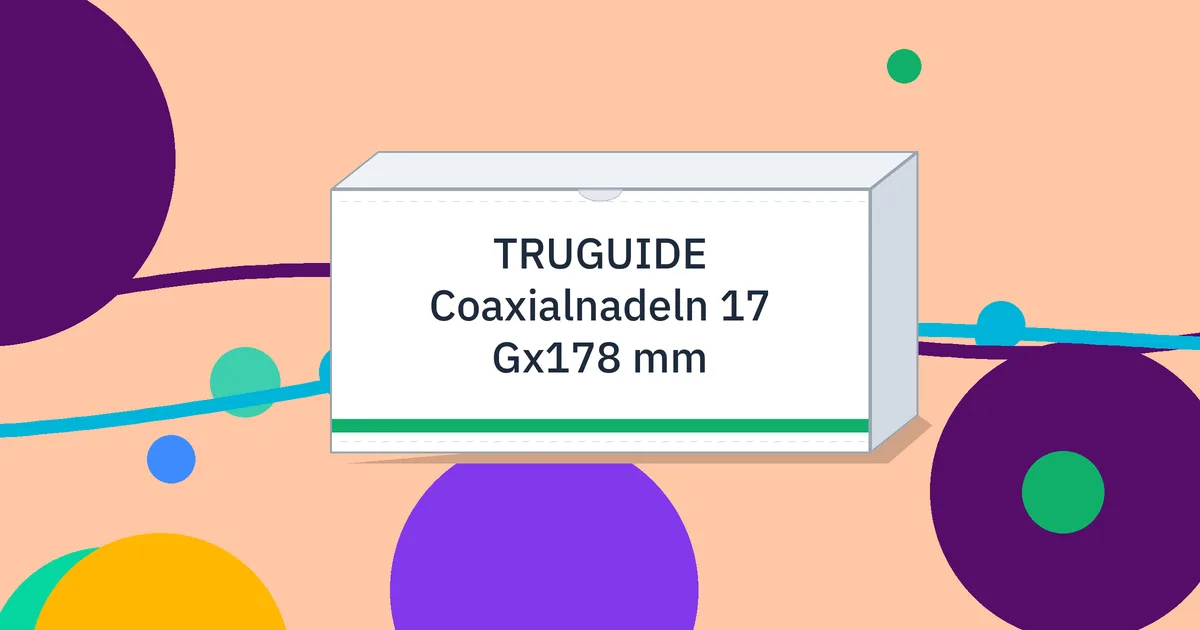 Symbolbild: Packung mit der Aufschrift TRUGUIDE Coaxialnadeln 17 Gx178 mm (PZN 03478274) – Verfügbarkeit und Bezug in Apotheken in Frankfurt am Main