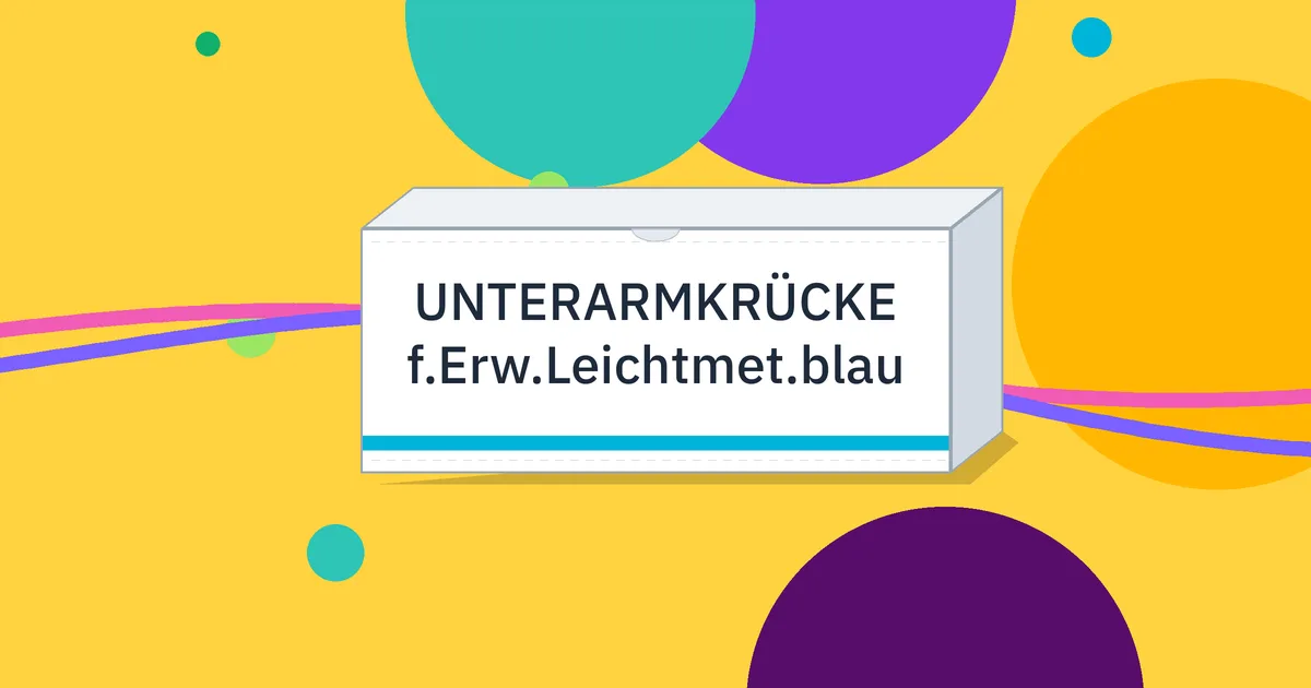Symbolbild: Packung mit der Aufschrift UNTERARMKRÜCKE f.Erw.Leichtmet.blau (PZN 07466285) – Verfügbarkeit und Bezug in Apotheken in Frankfurt am Main