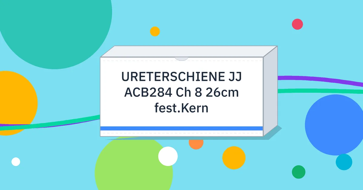 Symbolbild: Packung mit der Aufschrift URETERSCHIENE JJ ACB284 Ch 8 26cm fest.Kern (PZN 01358270) – Verfügbarkeit und Bezug in Apotheken in Frankfurt am Main