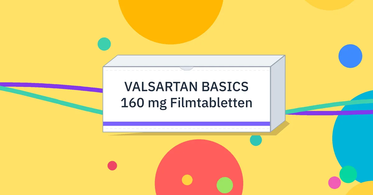 Symbolbild: Packung mit der Aufschrift VALSARTAN BASICS 160 mg Filmtabletten (PZN 07762173) – Verfügbarkeit und Bezug in Apotheken in Frankfurt am Main