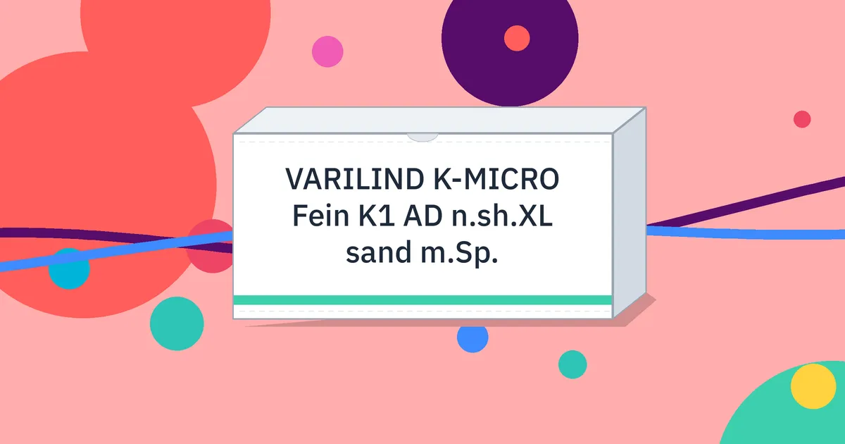Symbolbild: Packung mit der Aufschrift VARILIND K-MICRO Fein K1 AD n.sh.XL sand m.Sp. (PZN 20618848) – Verfügbarkeit und Bezug in Apotheken in Frankfurt am Main