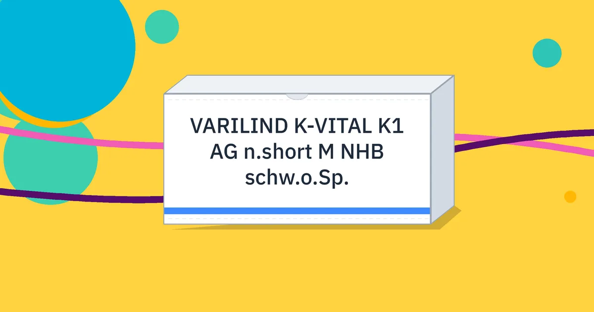 Symbolbild: Packung mit der Aufschrift VARILIND K-VITAL K1 AG n.short M NHB schw.o.Sp. (PZN 20563610) – Verfügbarkeit und Bezug in Apotheken in Frankfurt am Main