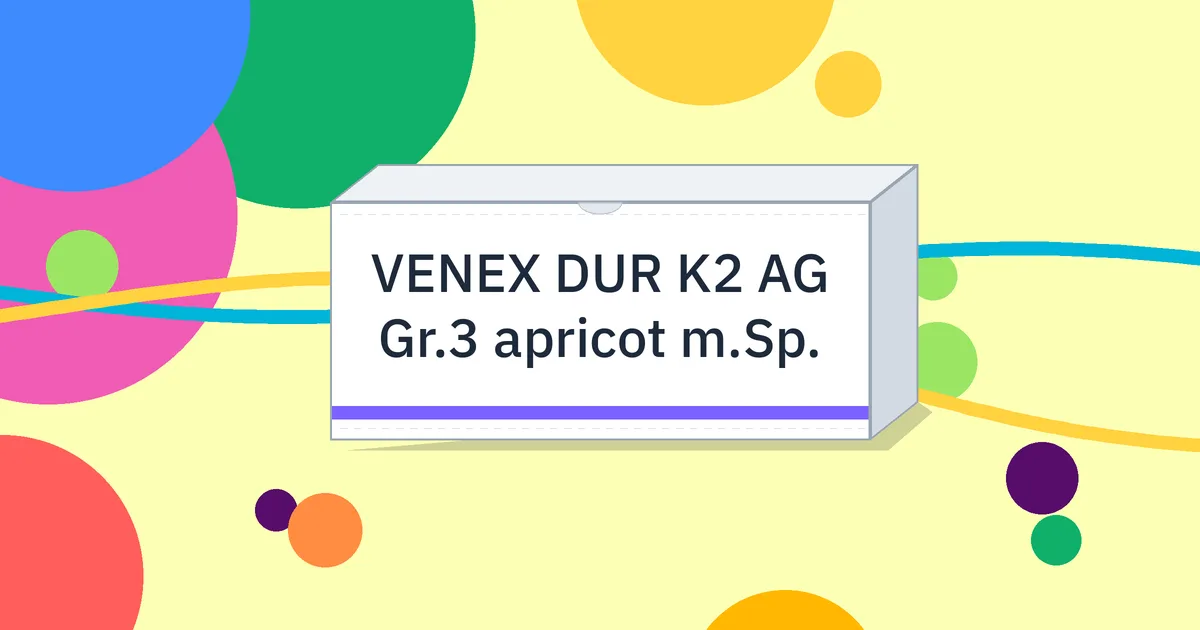 Symbolbild: Packung mit der Aufschrift VENEX DUR K2 AG Gr.3 apricot m.Sp. (PZN 03213707) – Verfügbarkeit und Bezug in Apotheken in Frankfurt am Main