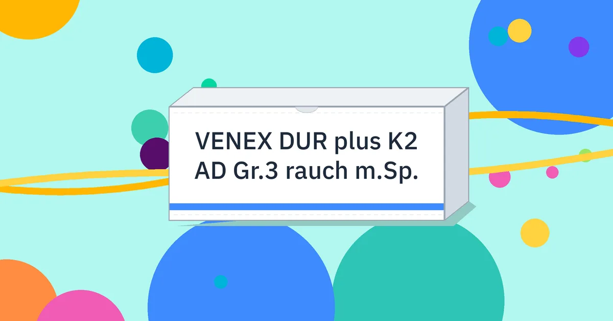 Symbolbild: Packung mit der Aufschrift VENEX DUR plus K2 AD Gr.3 rauch m.Sp. (PZN 03233130) – Verfügbarkeit und Bezug in Apotheken in Frankfurt am Main