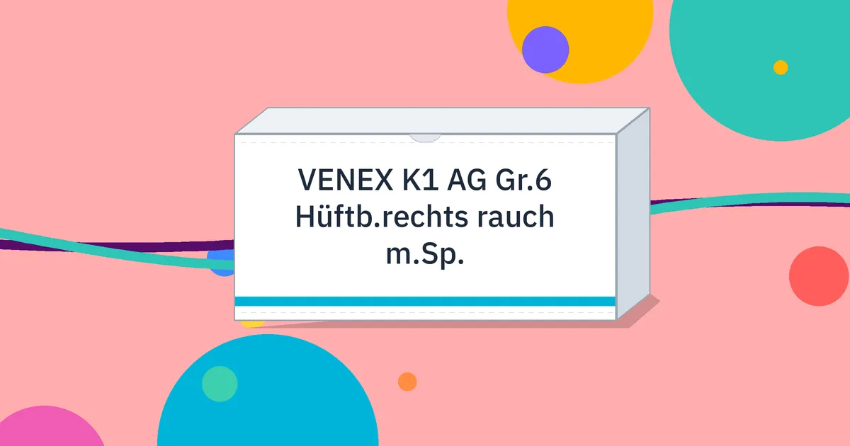 Symbolbild: Packung mit der Aufschrift VENEX K1 AG Gr.6 Hüftb.rechts rauch m.Sp. (PZN 03202201) – Verfügbarkeit und Bezug in Apotheken in Frankfurt am Main