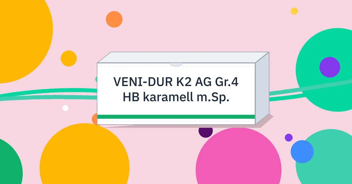 Symbolbild: Packung mit der Aufschrift VENI-DUR K2 AG Gr.4 HB karamell m.Sp. (PZN 13756544) – Verfügbarkeit und Bezug in Apotheken in Frankfurt am Main