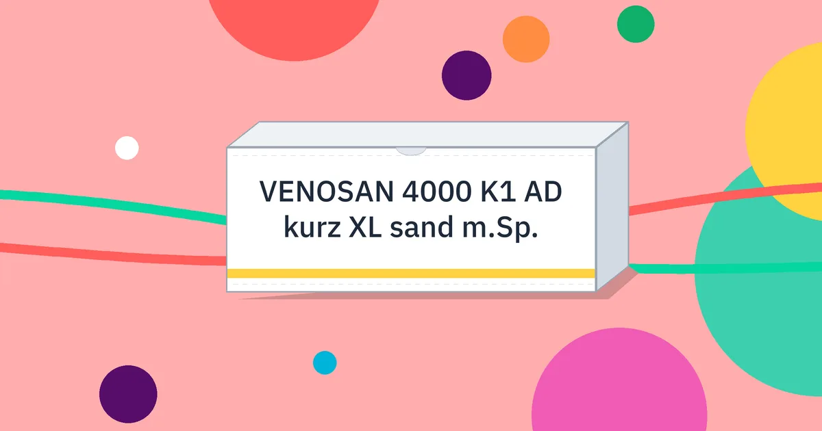 Symbolbild: Packung mit der Aufschrift VENOSAN 4000 K1 AD kurz XL sand m.Sp. (PZN 14421892) – Verfügbarkeit und Bezug in Apotheken in Frankfurt am Main