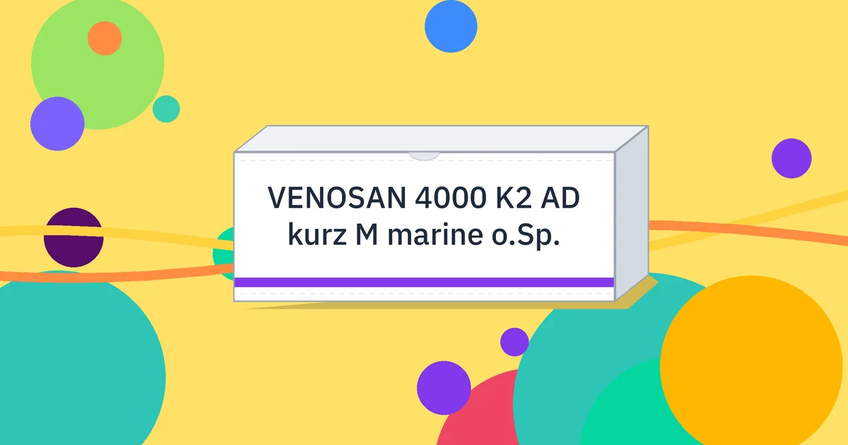 Symbolbild: Packung mit der Aufschrift VENOSAN 4000 K2 AD kurz M marine o.Sp. (PZN 16602072) – Verfügbarkeit und Bezug in Apotheken in Frankfurt am Main