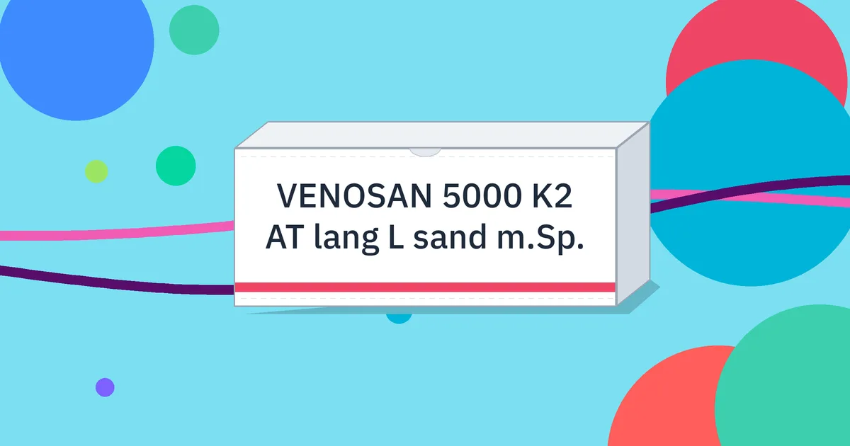 Symbolbild: Packung mit der Aufschrift VENOSAN 5000 K2 AT lang L sand m.Sp. (PZN 14428693) – Verfügbarkeit und Bezug in Apotheken in Frankfurt am Main