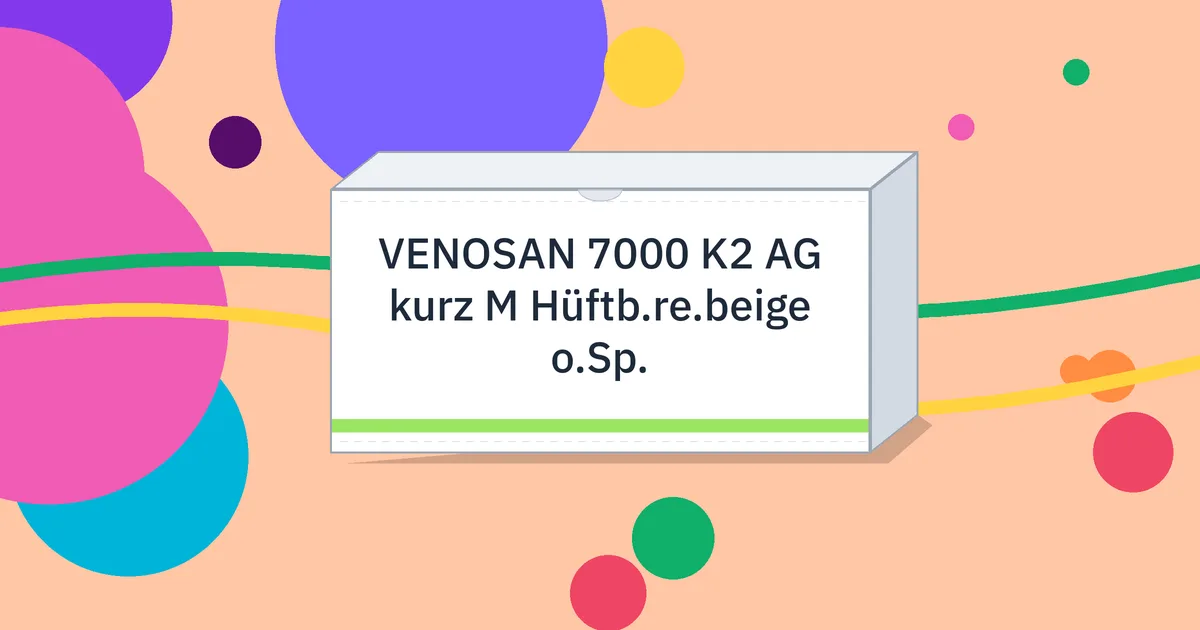 Symbolbild: Packung mit der Aufschrift VENOSAN 7000 K2 AG kurz M Hüftb.re.beige o.Sp. (PZN 14434699) – Verfügbarkeit und Bezug in Apotheken in Frankfurt am Main