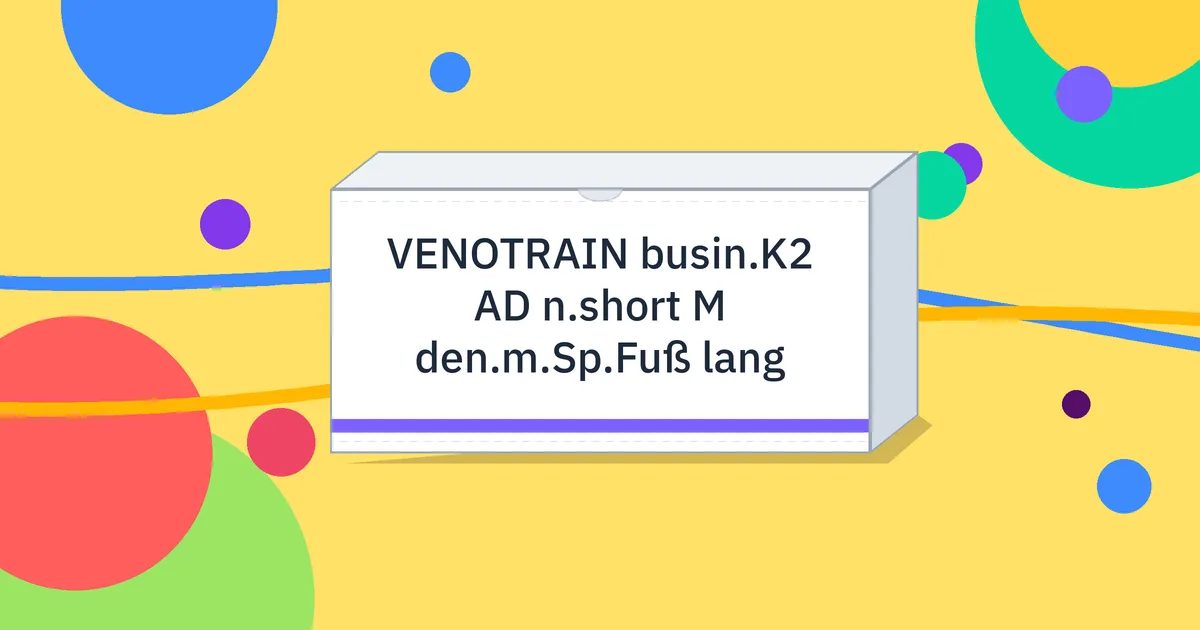 Symbolbild: Packung mit der Aufschrift VENOTRAIN busin.K2 AD n.short M den.m.Sp.Fuß lang (PZN 19056948) – Verfügbarkeit und Bezug in Apotheken in Frankfurt am Main