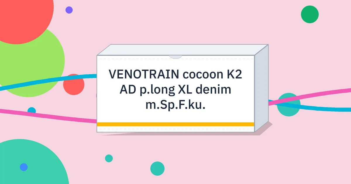 Symbolbild: Packung mit der Aufschrift VENOTRAIN cocoon K2 AD p.long XL denim m.Sp.F.ku. (PZN 19199062) – Verfügbarkeit und Bezug in Apotheken in Frankfurt am Main