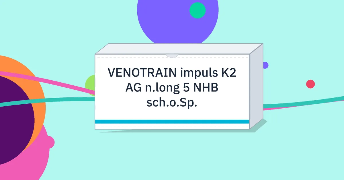 Symbolbild: Packung mit der Aufschrift VENOTRAIN impuls K2 AG n.long 5 NHB sch.o.Sp. (PZN 00520509) – Verfügbarkeit und Bezug in Apotheken in Frankfurt am Main