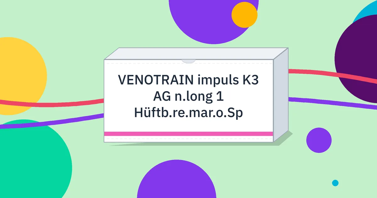 Symbolbild: Packung mit der Aufschrift VENOTRAIN impuls K3 AG n.long 1 Hüftb.re.mar.o.Sp (PZN 15217886) – Verfügbarkeit und Bezug in Apotheken in Frankfurt am Main