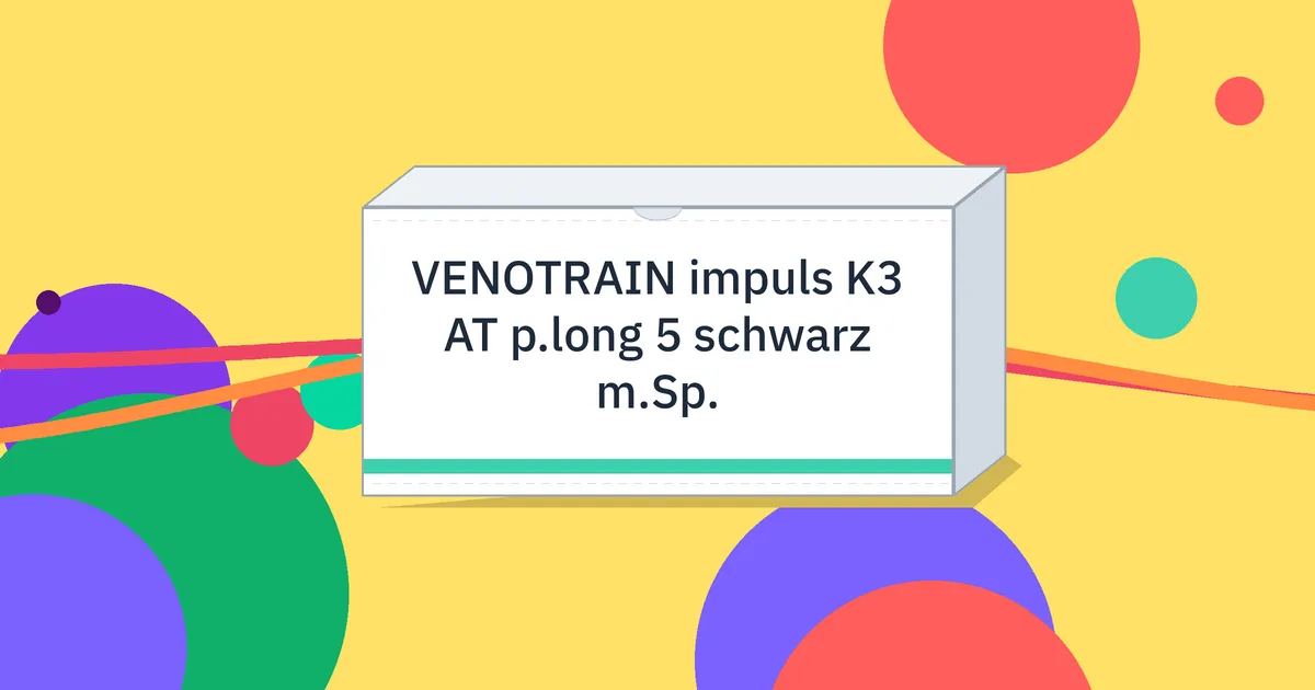 Symbolbild: Packung mit der Aufschrift VENOTRAIN impuls K3 AT p.long 5 schwarz m.Sp. (PZN 19356343) – Verfügbarkeit und Bezug in Apotheken in Frankfurt am Main