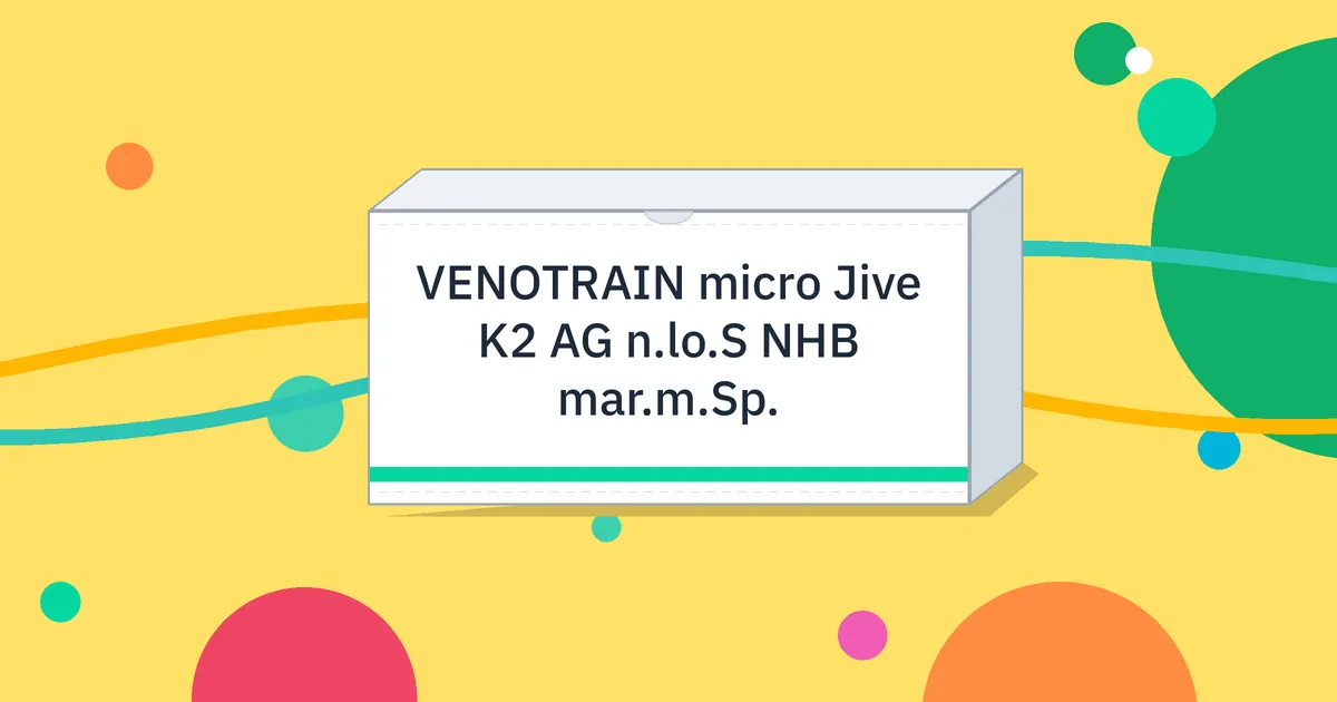 Symbolbild: Packung mit der Aufschrift VENOTRAIN micro Jive K2 AG n.lo.S NHB mar.m.Sp. (PZN 17767473) – Verfügbarkeit und Bezug in Apotheken in Frankfurt am Main