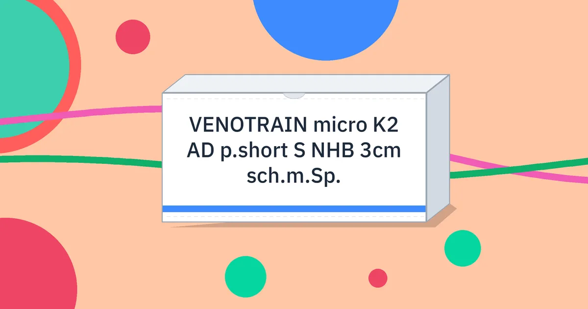 Symbolbild: Packung mit der Aufschrift VENOTRAIN micro K2 AD p.short S NHB 3cm sch.m.Sp. (PZN 05718972) – Verfügbarkeit und Bezug in Apotheken in Frankfurt am Main