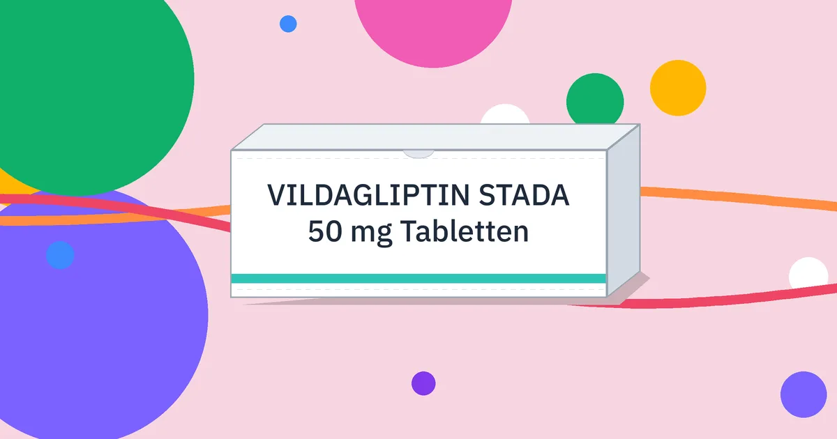 Symbolbild: Packung mit der Aufschrift VILDAGLIPTIN STADA 50 mg Tabletten (PZN 17999456) – Verfügbarkeit und Bezug in Apotheken in Frankfurt am Main