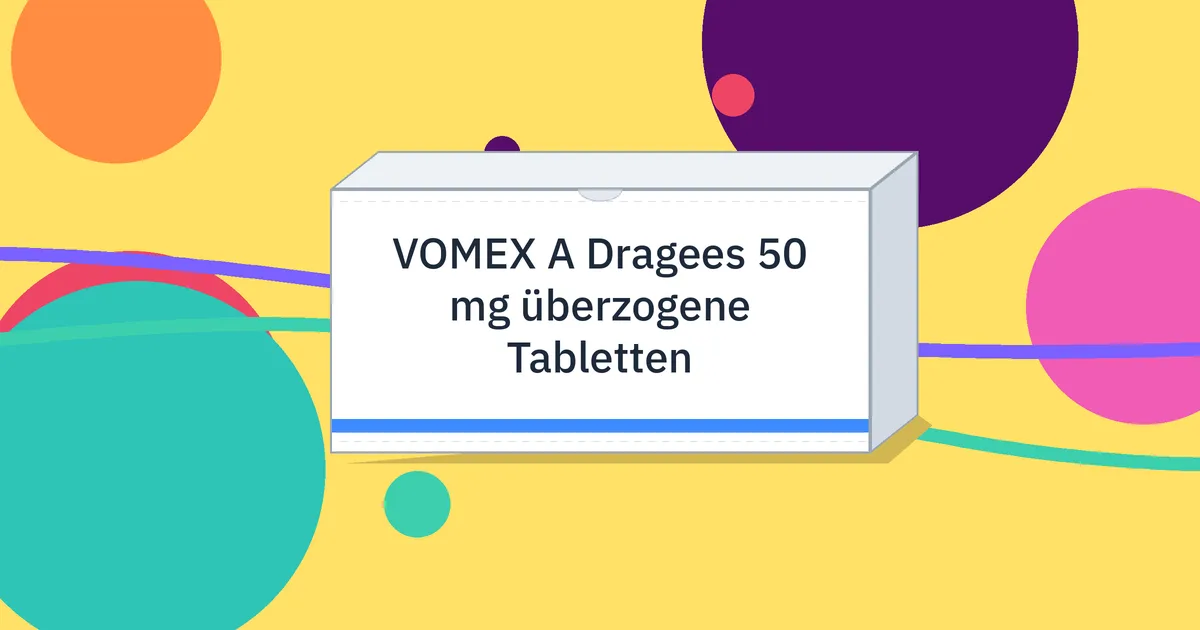 Symbolbild: Packung mit der Aufschrift VOMEX A Dragees 50 mg überzogene Tabletten (PZN 11612657) – Verfügbarkeit und Bezug in Apotheken in Frankfurt am Main