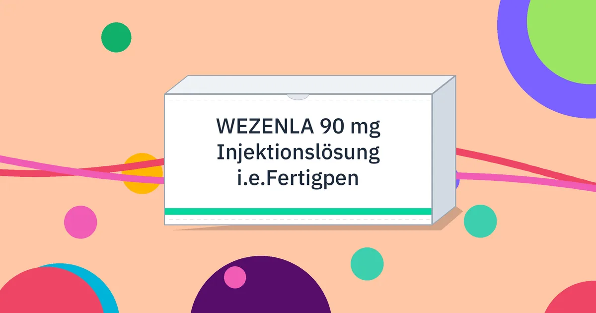 Symbolbild: Packung mit der Aufschrift WEZENLA 90 mg Injektionslösung i.e.Fertigpen (PZN 20310702) – Verfügbarkeit und Bezug in Apotheken in Frankfurt am Main