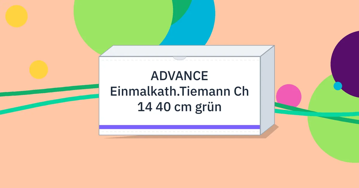 Symbolbild: Packung mit der Aufschrift ADVANCE Einmalkath.Tiemann Ch 14 40 cm grün (PZN 03037392) – Verfügbarkeit und Bezug in Apotheken in Frankfurt am Main