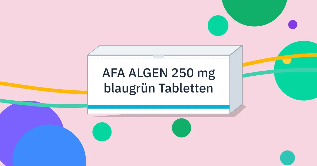 Symbolbild: Packung mit der Aufschrift AFA ALGEN 250 mg blaugrün Tabletten (PZN 01452796) – Verfügbarkeit und Bezug in Apotheken in Frankfurt am Main