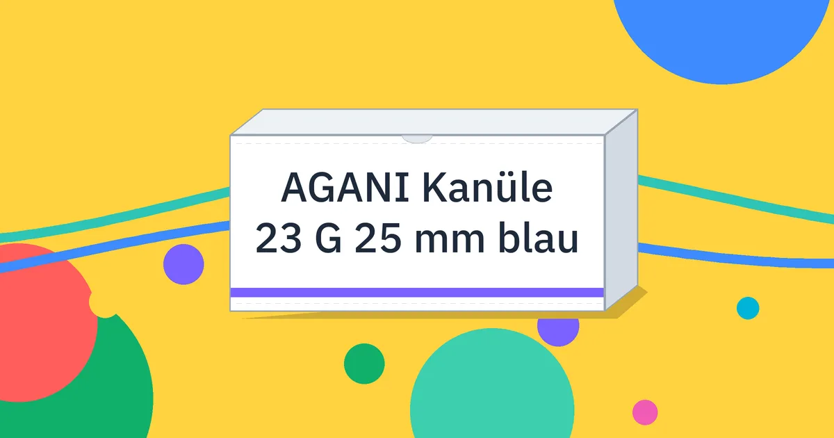 Symbolbild: Packung mit der Aufschrift AGANI Kanüle 23 G 25 mm blau (PZN 01802167) – Verfügbarkeit und Bezug in Apotheken in Frankfurt am Main
