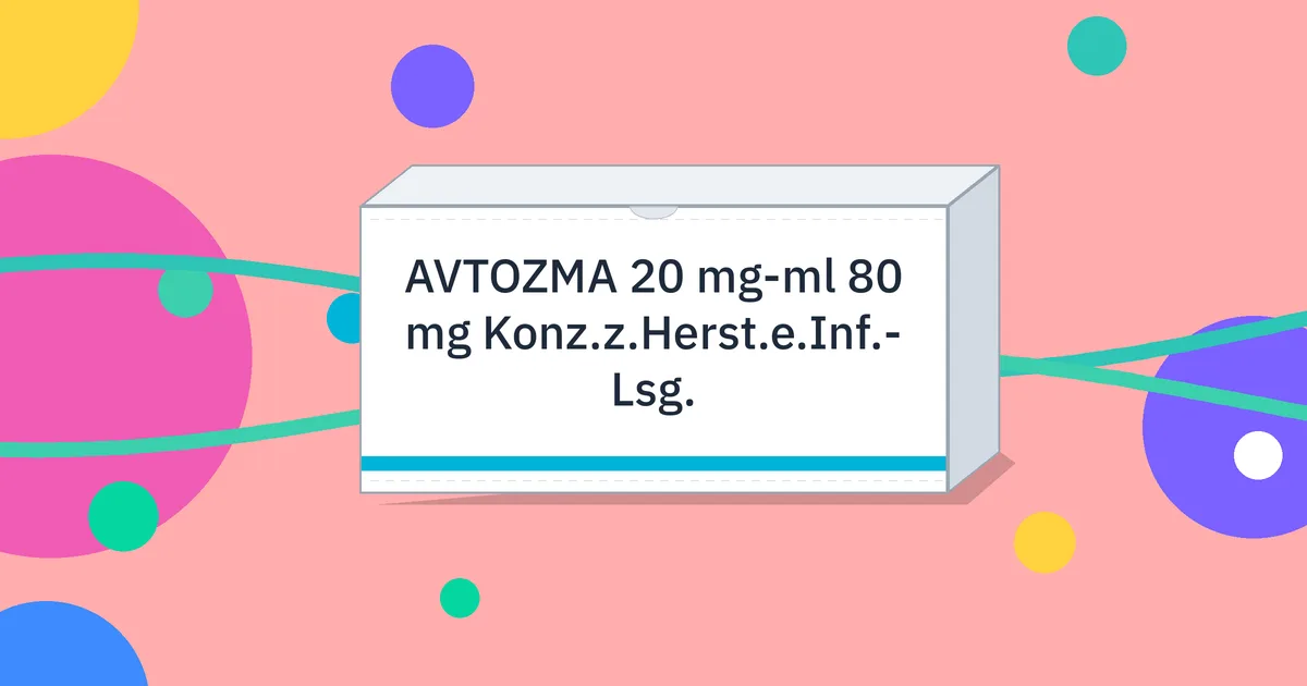 Symbolbild: Packung mit der Aufschrift AVTOZMA 20 mg-ml 80 mg Konz.z.Herst.e.Inf.-Lsg. (PZN 19499717) – Verfügbarkeit und Bezug in Apotheken in Frankfurt am Main