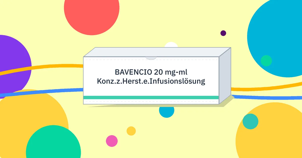Symbolbild: Packung mit der Aufschrift BAVENCIO 20 mg-ml Konz.z.Herst.e.Infusionslösung (PZN 19229774) – Verfügbarkeit und Bezug in Apotheken in Frankfurt am Main