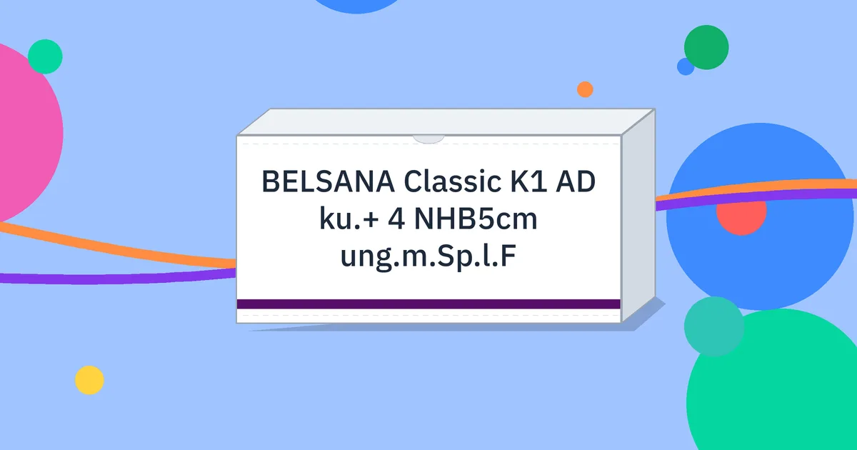 Symbolbild: Packung mit der Aufschrift BELSANA Classic K1 AD ku.+ 4 NHB5cm ung.m.Sp.l.F (PZN 19256392) – Verfügbarkeit und Bezug in Apotheken in Frankfurt am Main