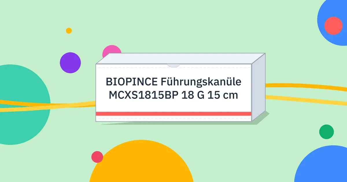 Symbolbild: Packung mit der Aufschrift BIOPINCE Führungskanüle MCXS1815BP 18 G 15 cm (PZN 16140855) – Verfügbarkeit und Bezug in Apotheken in Frankfurt am Main