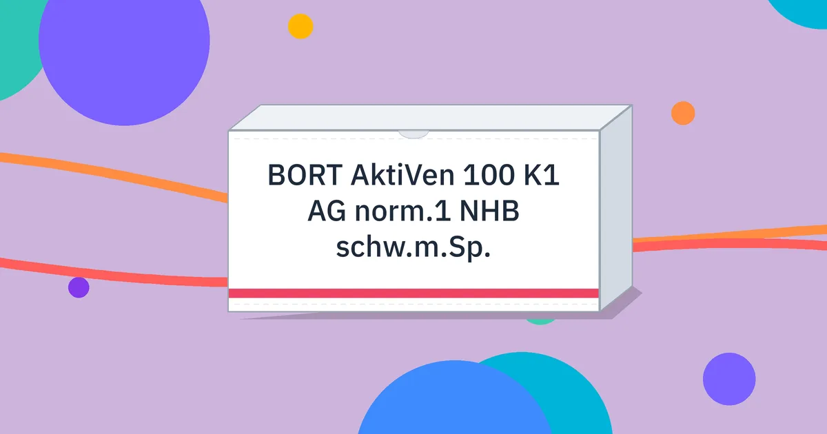 Symbolbild: Packung mit der Aufschrift BORT AktiVen 100 K1 AG norm.1 NHB schw.m.Sp. (PZN 14388203) – Verfügbarkeit und Bezug in Apotheken in Frankfurt am Main