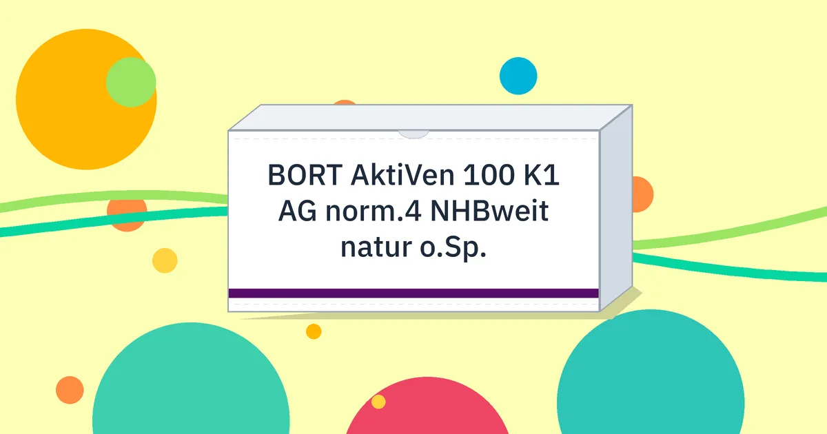 Symbolbild: Packung mit der Aufschrift BORT AktiVen 100 K1 AG norm.4 NHBweit natur o.Sp. (PZN 13729458) – Verfügbarkeit und Bezug in Apotheken in Frankfurt am Main