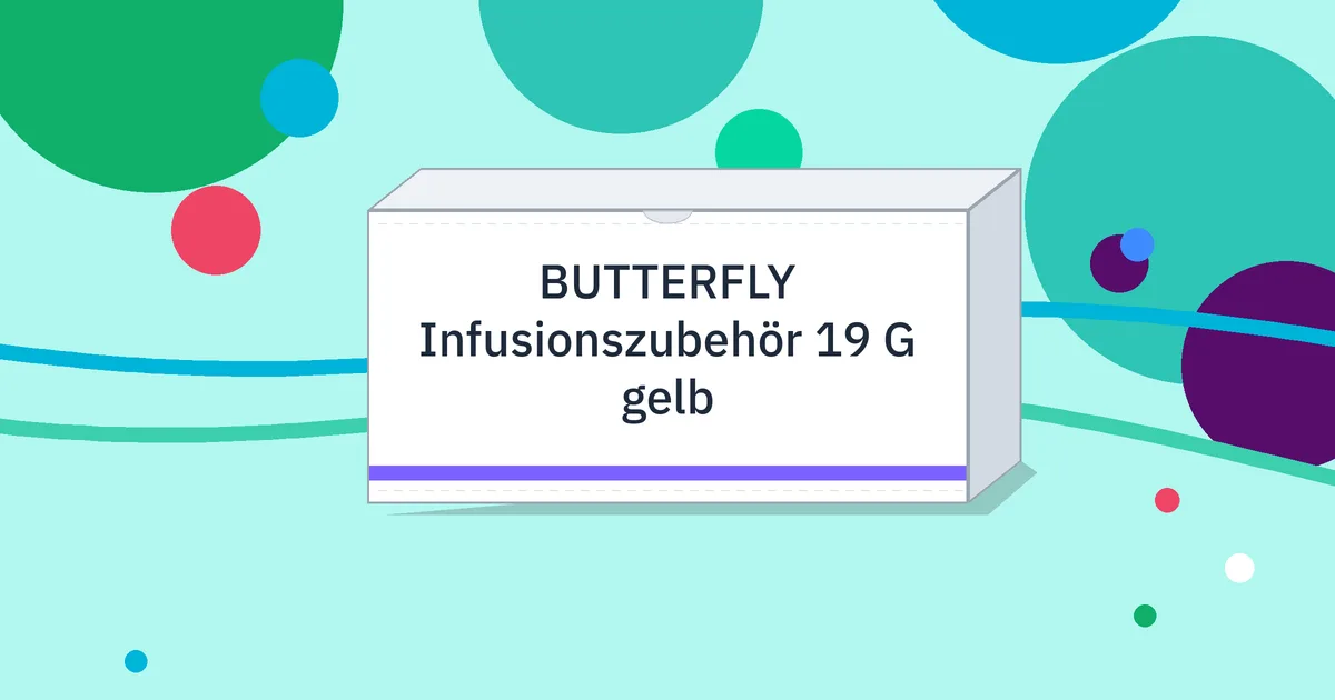 Symbolbild: Packung mit der Aufschrift BUTTERFLY Infusionszubehör 19 G gelb (PZN 08482582) – Verfügbarkeit und Bezug in Apotheken in Frankfurt am Main