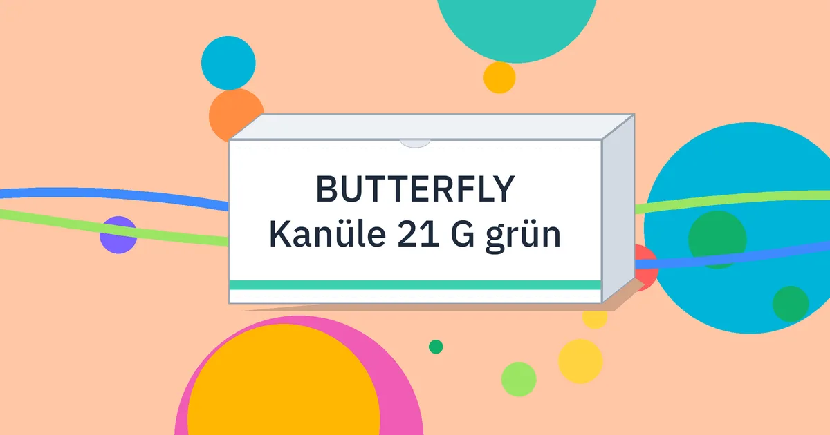 Symbolbild: Packung mit der Aufschrift BUTTERFLY Kanüle 21 G grün (PZN 06463244) – Verfügbarkeit und Bezug in Apotheken in Frankfurt am Main
