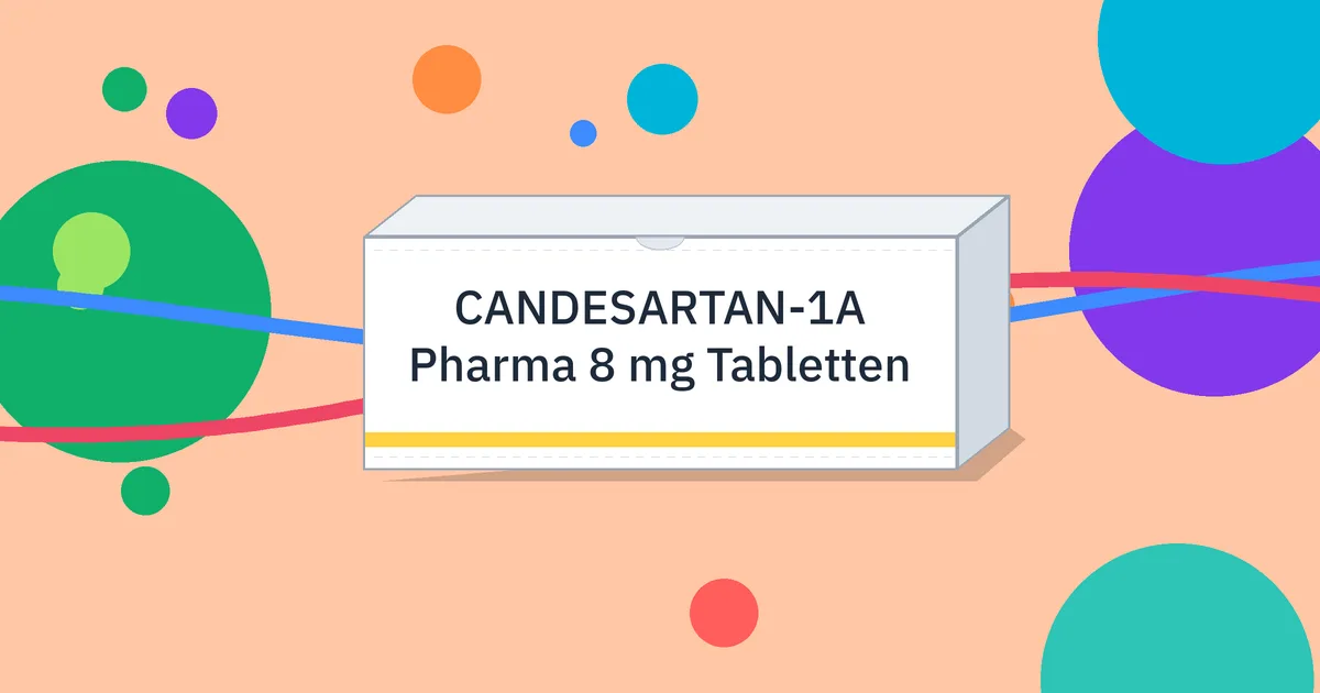 Symbolbild: Packung mit der Aufschrift CANDESARTAN-1A Pharma 8 mg Tabletten (PZN 09273159) – Verfügbarkeit und Bezug in Apotheken in Frankfurt am Main