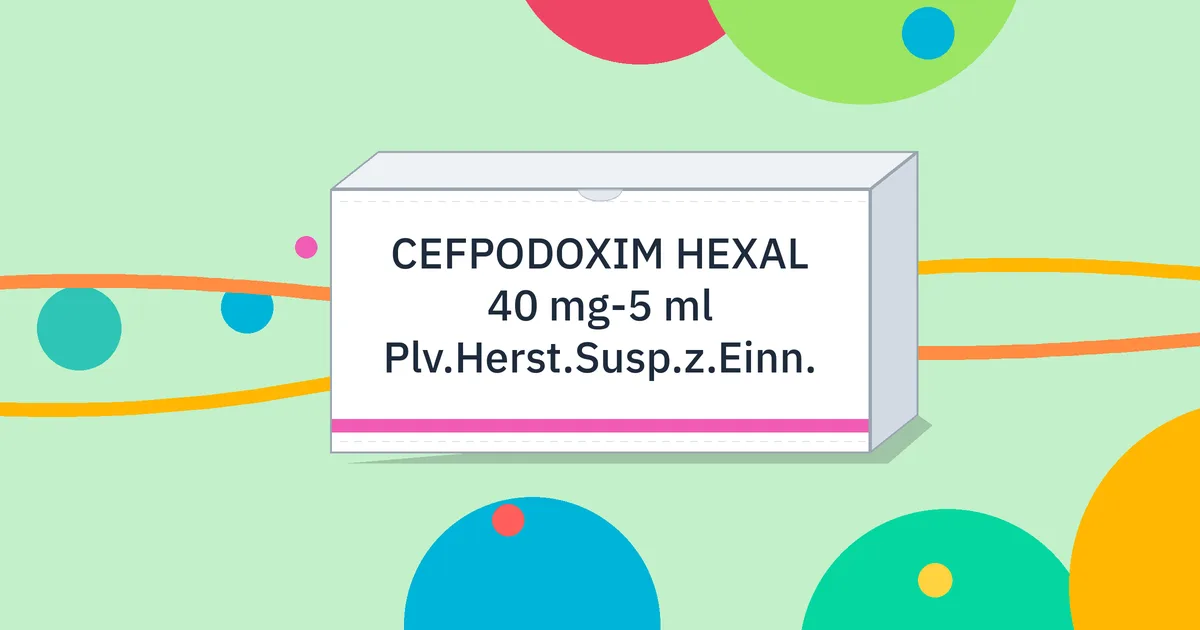 Symbolbild: Packung mit der Aufschrift CEFPODOXIM HEXAL 40 mg-5 ml Plv.Herst.Susp.z.Einn. (PZN 00829425) – Verfügbarkeit und Bezug in Apotheken in Frankfurt am Main