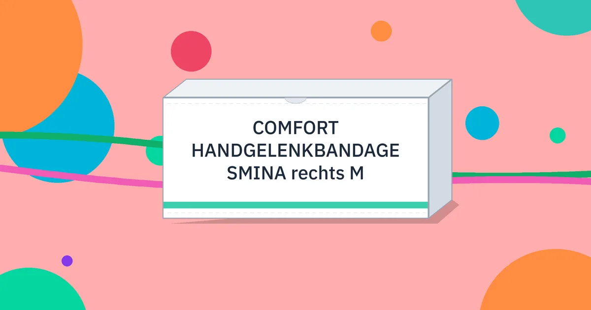 Symbolbild: Packung mit der Aufschrift COMFORT HANDGELENKBANDAGE SMINA rechts M (PZN 20162644) – Verfügbarkeit und Bezug in Apotheken in Frankfurt am Main