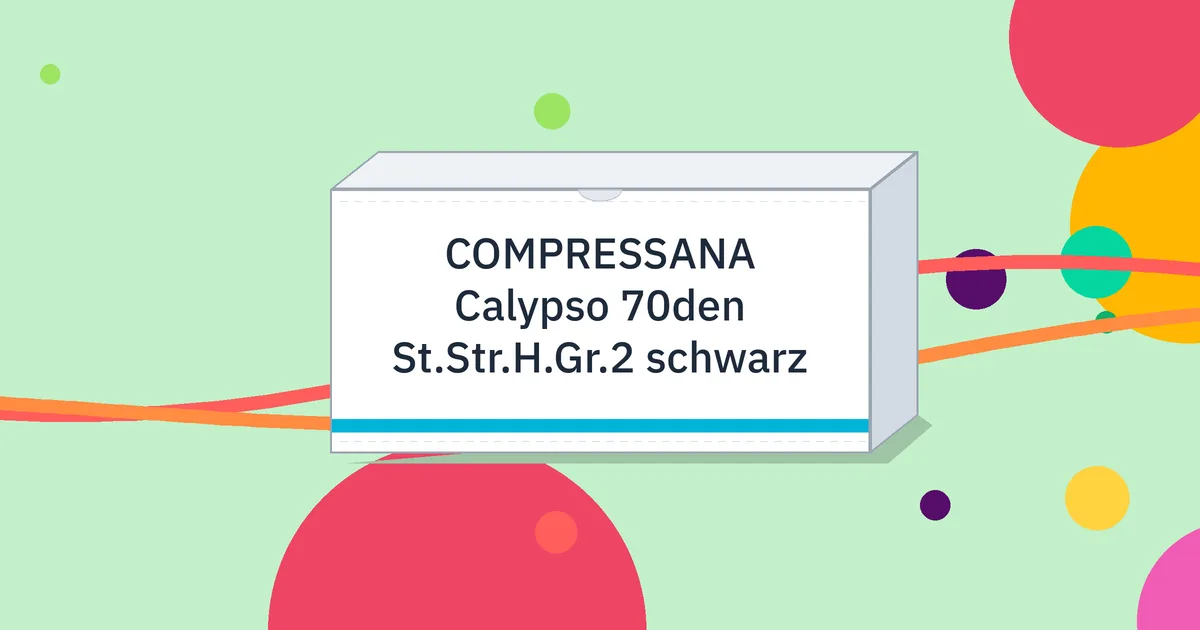 Symbolbild: Packung mit der Aufschrift COMPRESSANA Calypso 70den St.Str.H.Gr.2 schwarz (PZN 07718901) – Verfügbarkeit und Bezug in Apotheken in Frankfurt am Main
