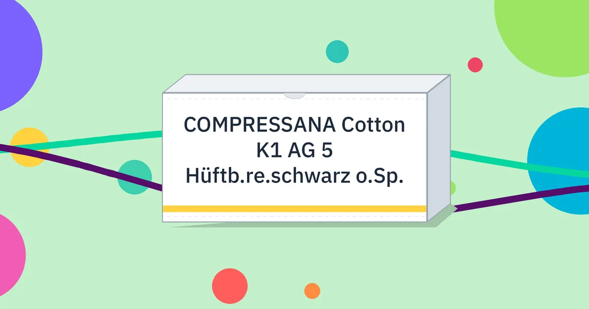 Symbolbild: Packung mit der Aufschrift COMPRESSANA Cotton K1 AG 5 Hüftb.re.schwarz o.Sp. (PZN 12980742) – Verfügbarkeit und Bezug in Apotheken in Frankfurt am Main