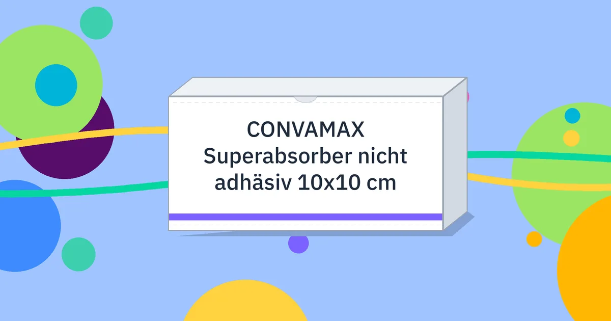 Symbolbild: Packung mit der Aufschrift CONVAMAX Superabsorber nicht adhäsiv 10x10 cm (PZN 20062055) – Verfügbarkeit und Bezug in Apotheken in Frankfurt am Main
