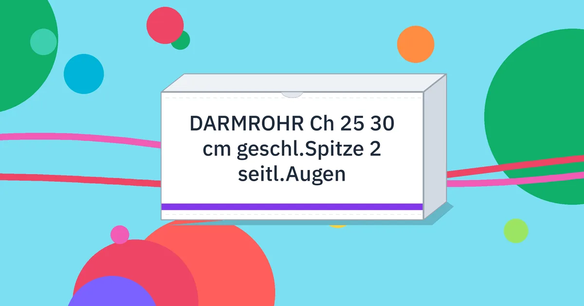 Symbolbild: Packung mit der Aufschrift DARMROHR Ch 25 30 cm geschl.Spitze 2 seitl.Augen (PZN 09091990) – Verfügbarkeit und Bezug in Apotheken in Frankfurt am Main