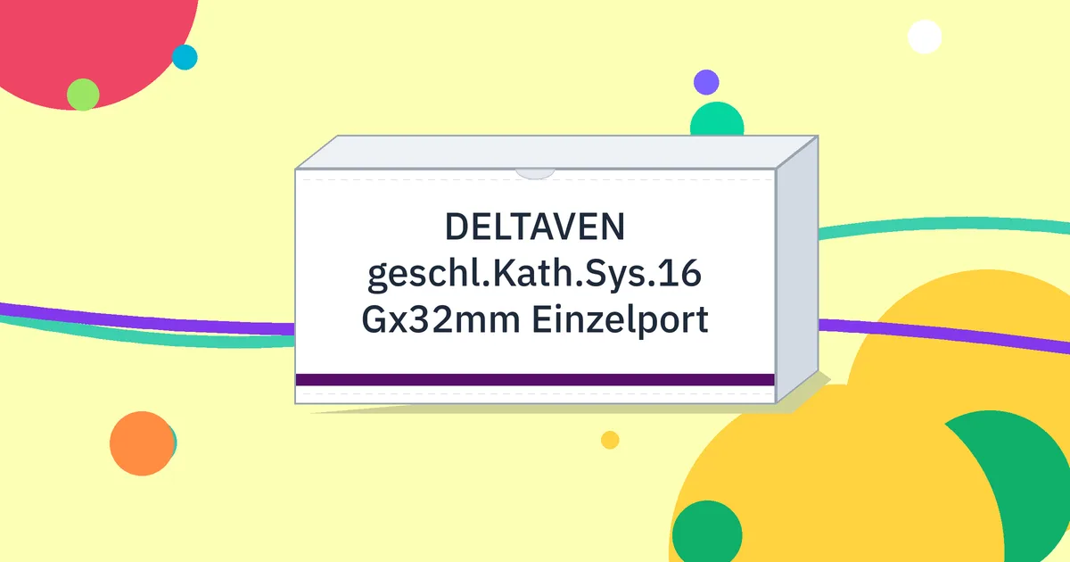 Symbolbild: Packung mit der Aufschrift DELTAVEN geschl.Kath.Sys.16 Gx32mm Einzelport (PZN 13977541) – Verfügbarkeit und Bezug in Apotheken in Frankfurt am Main