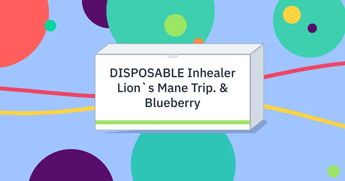 Symbolbild: Packung mit der Aufschrift DISPOSABLE Inhealer Lion`s Mane Trip. & Blueberry (PZN 18907781) – Verfügbarkeit und Bezug in Apotheken in Frankfurt am Main
