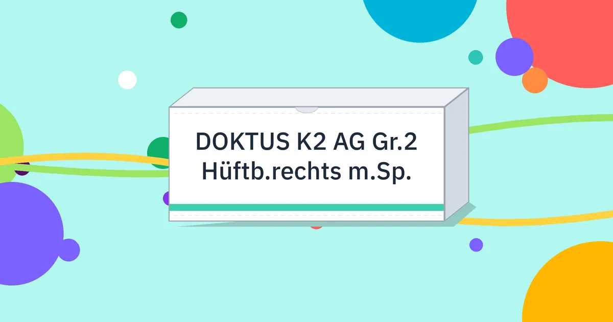 Symbolbild: Packung mit der Aufschrift DOKTUS K2 AG Gr.2 Hüftb.rechts m.Sp. (PZN 03310770) – Verfügbarkeit und Bezug in Apotheken in Frankfurt am Main