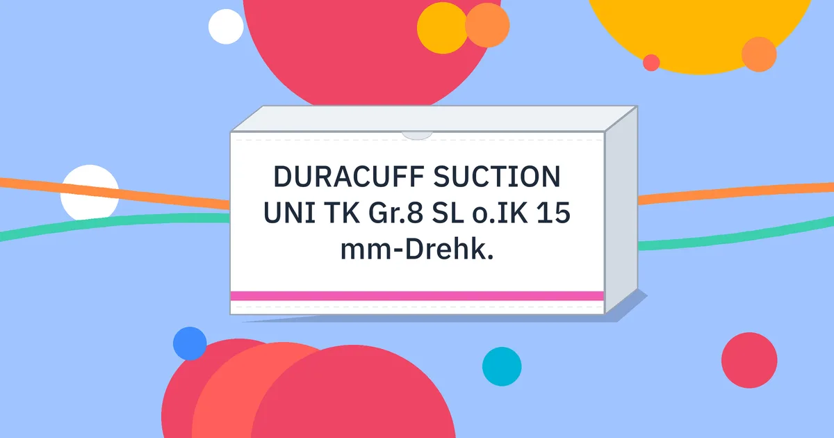 Symbolbild: Packung mit der Aufschrift DURACUFF SUCTION UNI TK Gr.8 SL o.IK 15 mm-Drehk. (PZN 02700026) – Verfügbarkeit und Bezug in Apotheken in Frankfurt am Main