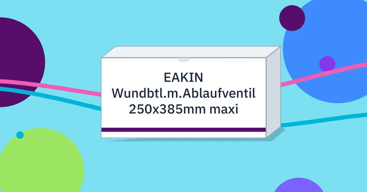 Symbolbild: Packung mit der Aufschrift EAKIN Wundbtl.m.Ablaufventil 250x385mm maxi (PZN 07019310) – Verfügbarkeit und Bezug in Apotheken in Frankfurt am Main