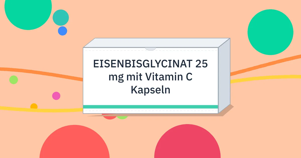 Symbolbild: Packung mit der Aufschrift EISENBISGLYCINAT 25 mg mit Vitamin C Kapseln (PZN 17965049) – Verfügbarkeit und Bezug in Apotheken in Frankfurt am Main