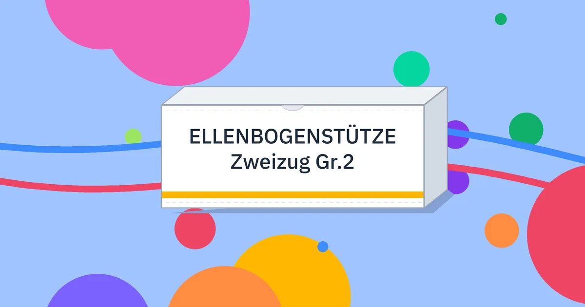 Symbolbild: Packung mit der Aufschrift ELLENBOGENSTÜTZE Zweizug Gr.2 (PZN 02008164) – Verfügbarkeit und Bezug in Apotheken in Frankfurt am Main