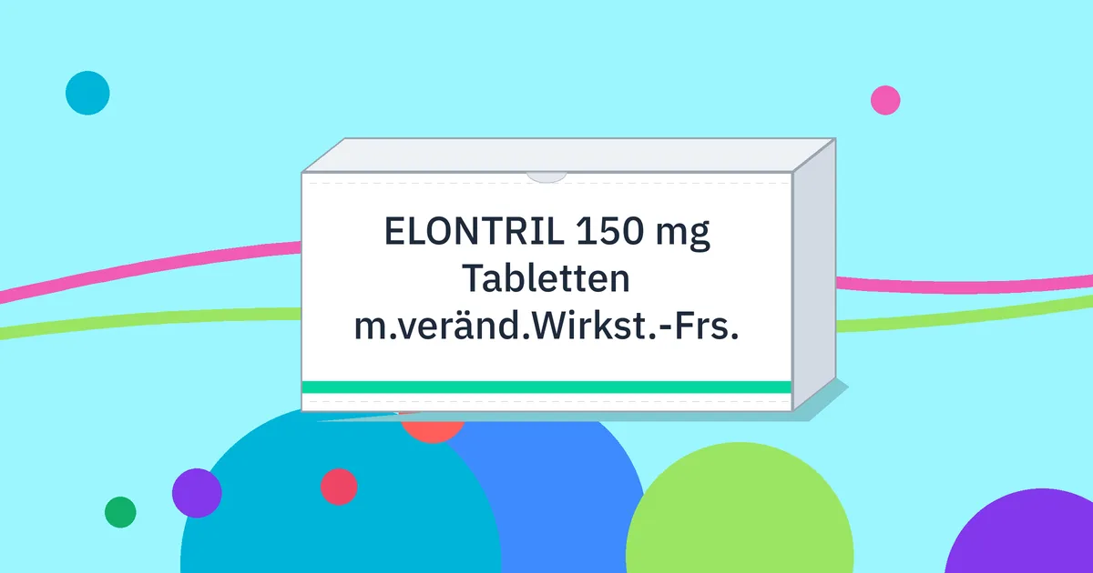 Symbolbild: Packung mit der Aufschrift ELONTRIL 150 mg Tabletten m.veränd.Wirkst.-Frs. (PZN 14288855) – Verfügbarkeit und Bezug in Apotheken in Frankfurt am Main